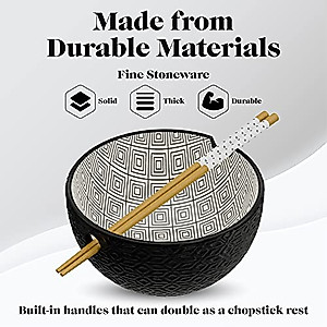 American Atelier Ramen Bowl with Chopsticks | Set of 2 | Soup Bowls for Kitchen | Udon Noodle Bowl with Chopsticks | Stoneware Rice Bowl | 6" Diameter (21 Oz) - Embossed Black Design