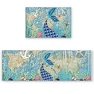 Z&L Home Anti Fatigue Kitchen Rug Sets 2 Piece Floor Mats Non-Slip Rubber Backing Area Runners Nautical Map Doormat Mermaid Tail Indoor Washable Carpet Door Mat Pad