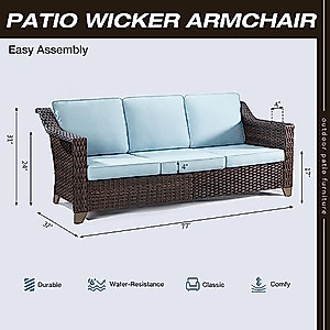 MeetLeisure 77'' Patio Sofa, All Weather Outdoor Rattan Wicker 3-Seat Sofa High Back Couch with Premium Cushions for Garden Backyard Porch(Brown/Azure)