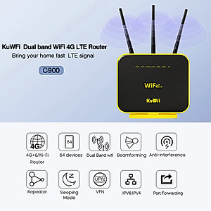 KuWFi vSIM Hotspot 4G LTE Router 1200Mbps Dual Band Gigabit WiFi External Antenna with US 2GB Data vSIM Router Offer high-Speed Data Plans to accommodate RV orRural No Contract Plug and Play