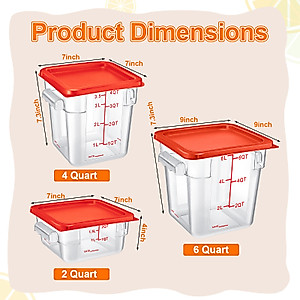 Suclain 6 Pcs Square Food Storage Container with Lid 2Qt 4Qt 6Qt Clear Commercial Food Storage Container with Scales Handles for Home Restaurant Kitchen Organizer, Polycarbonate(Red, Green)