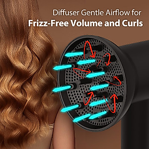 LOVEPS Hair Dryer with Diffuser, 110000 RPM Brushless Motor Ionic Blow Dryer, Portable Quiet Electric Hair Dryers Low Noise, Magnetic Nozzle, Fast Drying for Travel, Salon, Women Gifts - Black