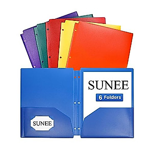 SUNEE 3 Hole Pocket Folders (6 Pack, Assorted Color) Plastic Pocket Folders for 3 Ring Binder, 3-Hole Punched Folders with Pockets, for Kids, Students, Teachers, Office Staff