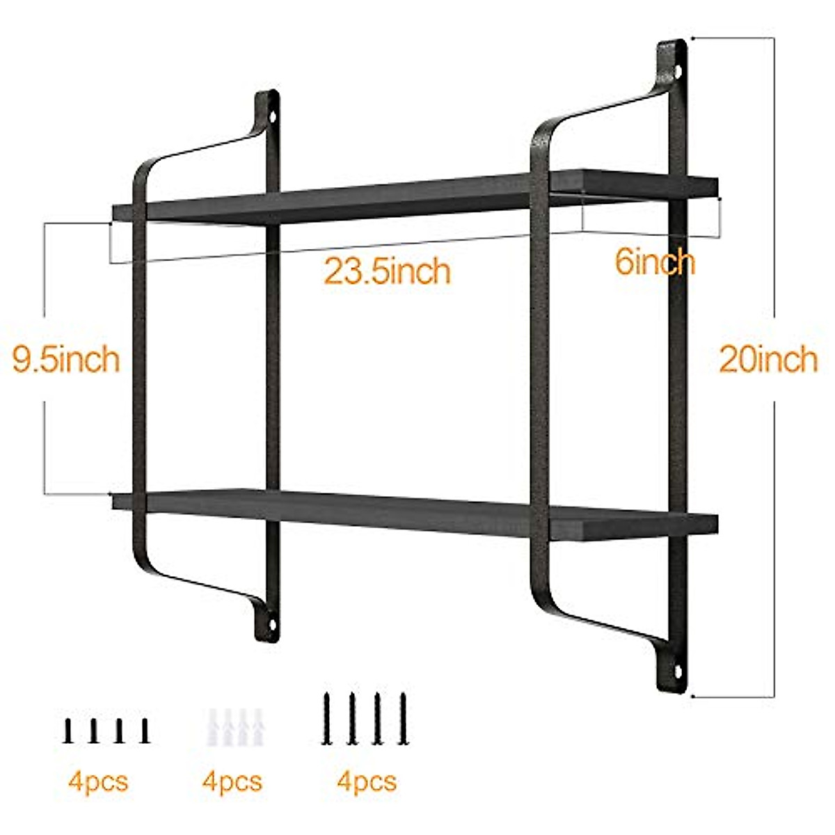Love-KANKEI Floating Shelves Wall Mounted Industrial Wood Wall Shelves for Pantry Living Room Bedroom Kitchen Entryway, 2 Tier Heavy Duty Book Shelf Black