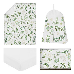 Sweet Jojo Designs Floral Leaf Baby Girl Nursery Crib Bedding Set - 4 Pieces - Green and White Boho Watercolor Botanical Woodland Tropical Garden