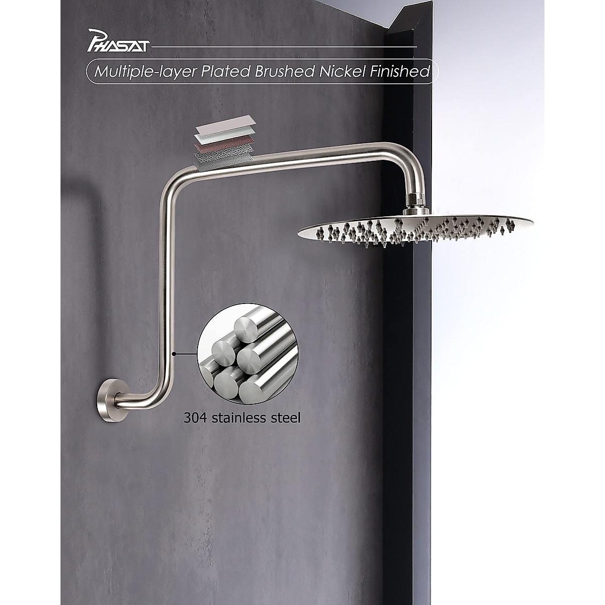 PHASAT S Shaped Shower Arm, 16.65 Inches High Rise Shower Arm with Flange,Shower Head Extension Arm Replacement,Shower Arm Extension Brushed Nickel,PU9L02