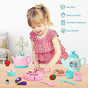 CUTE STONE Toy Tea Set for Little Girls, Kids Tea Party Set Includes Kettle with Light & Music, Teapot, Dessert, Cookies, Play Tea Party Accessories & Carrying Case, Kitchen Pretend Play for Kids