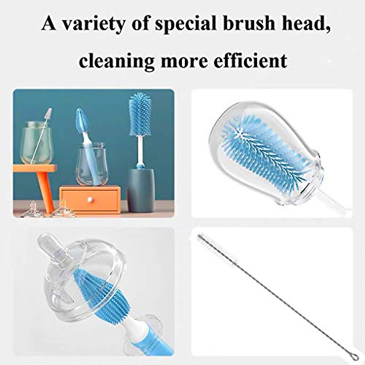 Silicone Soft Touch Bottle Brush, Baby Bottle Cleaning Brush, Long Handle Kitchen Cleaner Silicone Brush for Washing Glass, Baby Bottles, Mugs, Narrow Neck Water Sport Bottles, Set of 3(Blue)