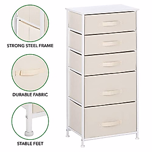 mDesign Steel Frame, Wood Top, Tall Dresser Drawer Organizer Storage Tower, Small Chest Furniture Unit for Bedroom, Hallway, Closet, and Entryway 5 Fabric Bins w/Handle, Jane Collection - Cream/White