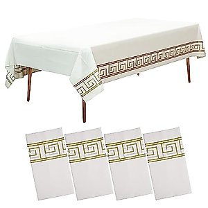 Amatra Disposable Table Cloth, Waterproof Table Cover, Classy Plastic Table Cloth, Rectangle Tablecloth, White Table Cloth with Gold Versa Margin, 140 g Plastic Table Cover, 54x108 inches, Pack of 4
