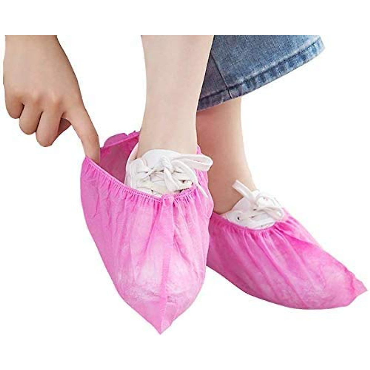 Disposable Shoe Covers 100PCS Non-Slip Durable Indoor Boot Overshoes Protector Thicked Non-Woven Shoe Covers for Carpet Floor Protection Construction Offices One Size Fits All (Pink)