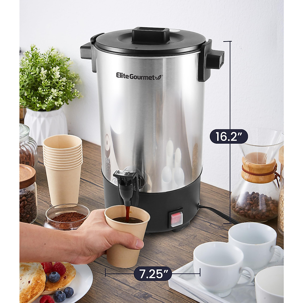 Elite Cuisine CCM-035 Maxi-Matic 30 Cup Electric Coffee Maker Urn, Removable Filter For Easy Cleanup, Two Way Dispenser with Cool-Touch Handles, Stainless Steel