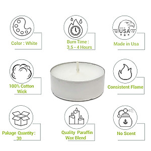 CandleNScent Unscented Tealight Candles, 30 Pack, White, Made in USA