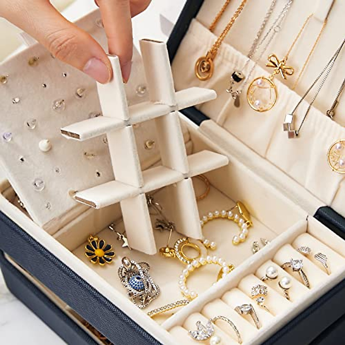 Jewelry Organizer Box, Number-one 3 Layers Medium Travel Jewelry Case PU Leather Portable Jewellery Box Gift for Women Girls Girlfriend, Storage Holder for Rings Earring Necklace Bracelet Watches,Blue
