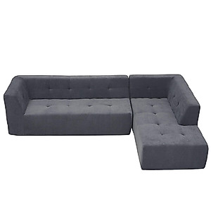 GoDoco L-Shape Modular High Density Foam Sponge Floor Sofa Couch, Upholstered Cloud Couch with Recliner、 Sectional Corner Sofa with Flexible Combinations (Dark Grey+Chenille, Style A)
