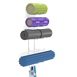 Wallniture Guru Foam Roller & Yoga Mat Holder Wall Mount with 3 Hooks for Hanging Yoga Strap, Resistance Bands, 5-Sectional Metal (White)