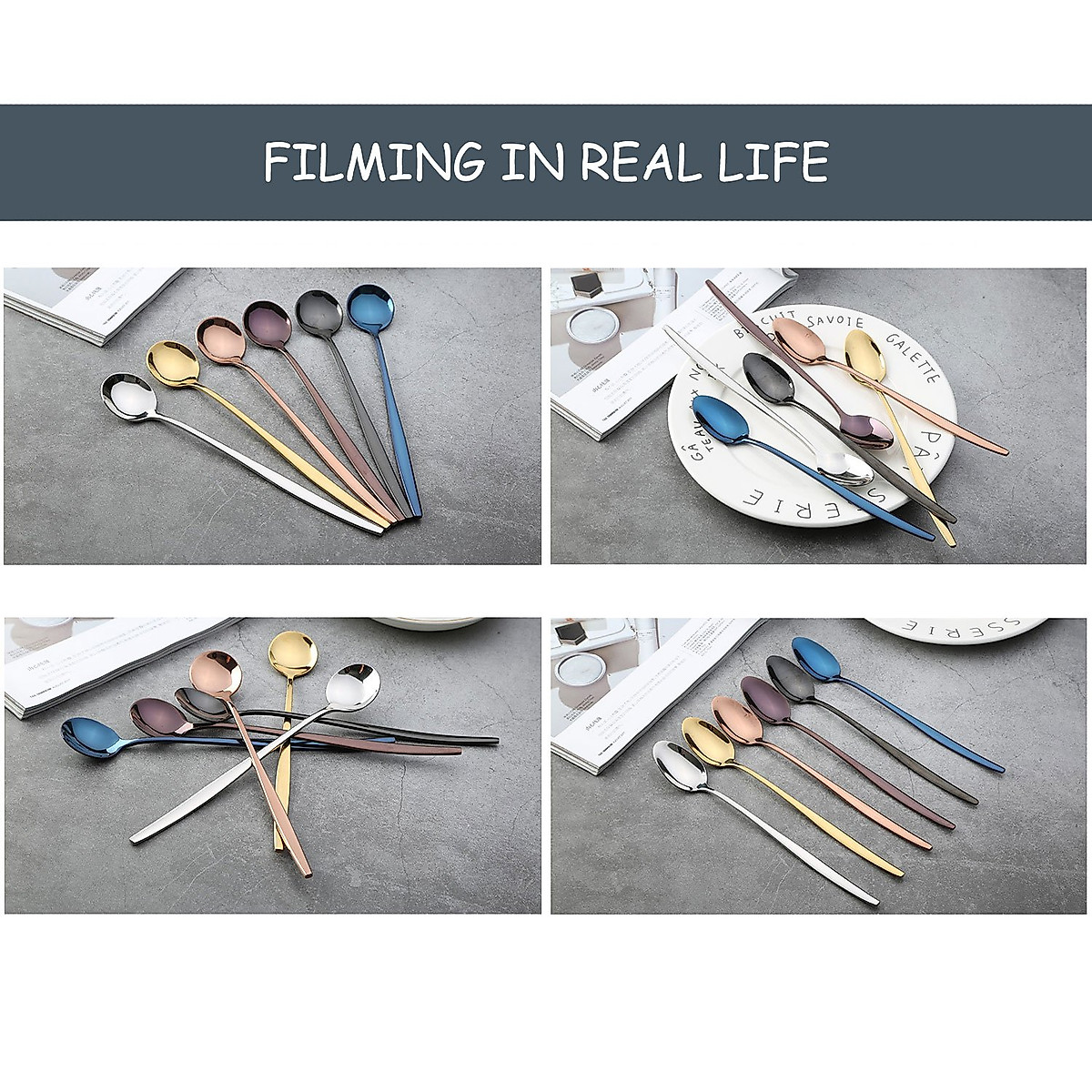 Long Handle Spoon, Circular spoon,Delicate Elegance Stainless Steel Spoon Set,Mixing Spoon,Ice Cream Spoon,Long Spoon Iced Tea Spoon, Coffee Spoon,Dessert Spoon,Milkshake Spoon,Set of 6(Ice spoo