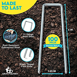 Gray Bunny Landscape Staples, 100 Pack, 6 Inch (15.2 cm) 11 Gauge Garden Stakes, Rust Resistant Galvanized Steel Ground U Shaped Pins to Secure Lawn Fabrics Weed Barrier Covers & Tubing