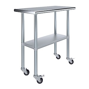 AmGood 18" X 36" Stainless Steel Work Table with Under-Shelf & 4 Wheels | Laundry Garage Utility Bench | Prep Worktable | Kitchen Island Food Prep | NSF Certified