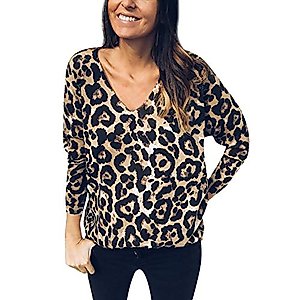 T-shirt for Women THENLIAN Women Plunge V Neck Leopard Print T-shirt Top Long Sleeve Autumn Blouse (Multicolor, L)