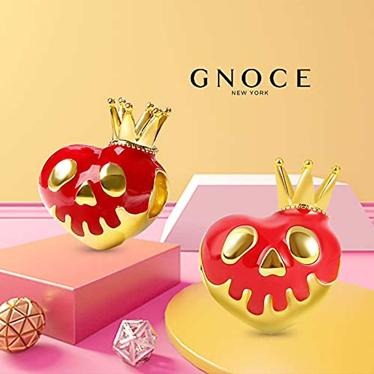 GNOCE Halloween Horror Charm Bead Sterling Silver 18k Gold Plated Poison Apple with Crown Charm For Bracelet/Necklace For Women Girls