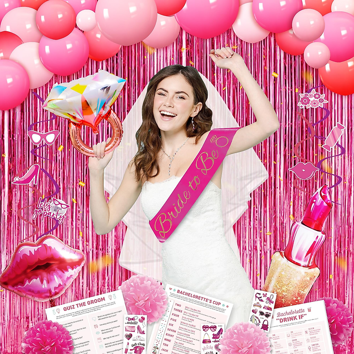 Party Spot! 119 PCS Bachelorette Party Decorations, Latex Balloons, "BRIDE TO BE" Balloons, Tablecloth, Veil, Cake Topppers, Pink Bridal Shower Party Decorations, Balloon Pump