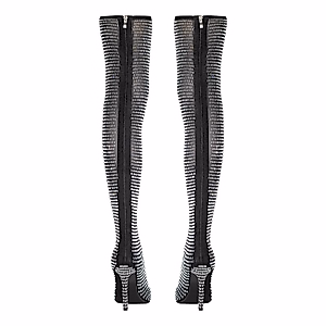 sexytag Women's RhinestoneThing High Boots Sparkly Diamante Pointed Toe Back Zipper Stiletto Heels Stretch Stocking Glitter Sexy Over The Knee Mesh Socks Boots Black Size 7.5