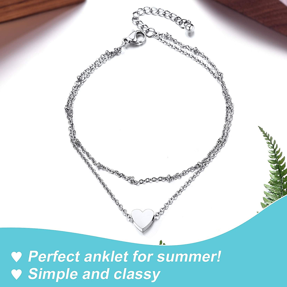Ankle Chains for Women Stainless Steel Heart Anklet Sterling Silver Color Layered Anklets