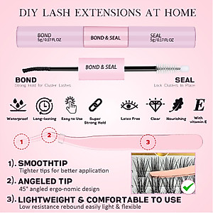 Eyelash Extension Kit with 144 Pcs DIY Lash Clusters, Bond and Seal and Tweezers D Curl Reusable Individual Lashes Cluster Super Thin Band & Soft for Beginners Self Application DIY at Home, by Kmilro