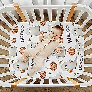 Mazeann Ghosts Pumpkins Halloween Crib Sheets Soft Breathable Fitted Baby Playard Sheets Mattress Cover for Girl Boys, 39" x 27" x 5"