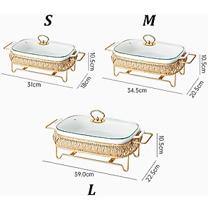 HONHPD 3 Pieces Set Gold Ceramics Chafing Dish Buffet Set, Full Size Chafers and Buffet Warmers W/Glass Lid, Underglaze Rectangle Food Warming Tray for Weddings Party（11inch, 13inch, 15inch）