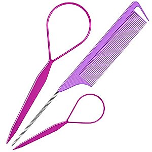 TsMADDTs 3Pack Hair Loop Tool Set with 2Pcs French Braid Tool Loop 1Pcs Rat Tail Comb Metal Pin Tail Braiding Comb for Hair Styling, Purple