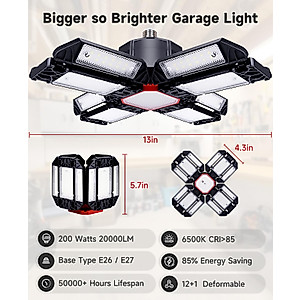 Yiliaw 200W Super Bright LED Garage Light 20000LM Shop Lights with 12 Adjustable Panels, 6500K Daylight Deformable Ceiling Light Fixture, Screw in Garage Lights Bulb for Warehouse Workshop Office