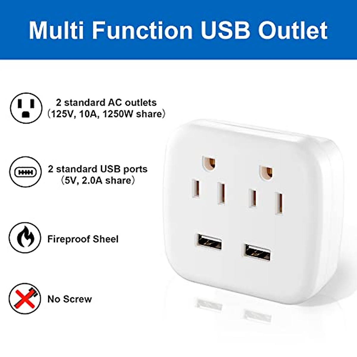 Multi Plug Outlet Splitter with USB, 2 Electrical Multiple Outlet Extender with 2 USB Wall Charger for Travel, Home, Office (Non Surge Protection)
