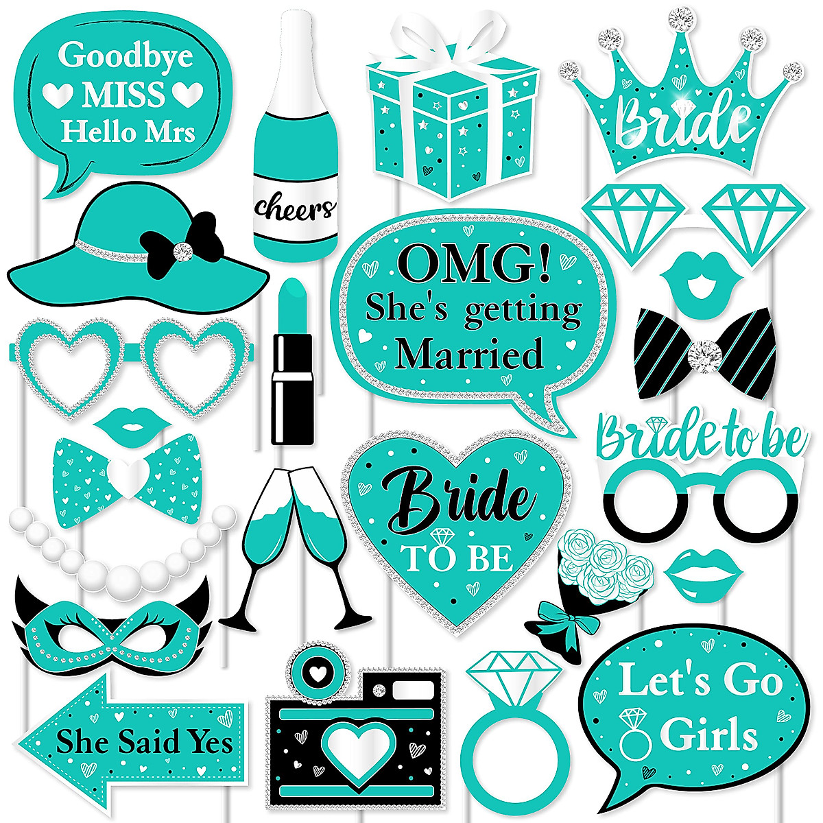 Fangleland Turquoise Bachelorette Party Photo Booth Props, 24PCS Teal Blue Bride to Be Decorations - Let's Go Girls Sign Selfie Stick for Bridal Shower Wedding Engagement Party Supplies