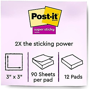Post-it® Notes, Super Sticky Notes, 3 in x 3 in, Canary Yellow, Pack Of 16 Pads