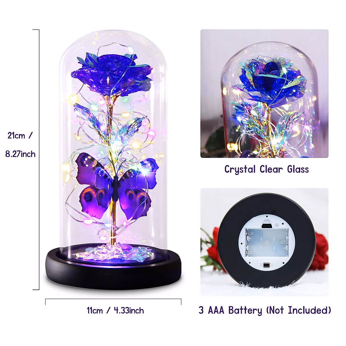 Valentines Rose Gifts for Her Birthday Flower Gift for Women, Galaxy Purple Butterfly Rose in Glass Dome, Light Up Forever Rose Birthday Gifts for Mom Anniversary Valentine's Day Eternal Rose Gift