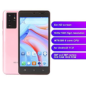 Pink 5in Mini Smartphone Unlocked, Kid Cellphone 2GB RAM 16GB ROM, 8 Core CPU Calling Phone with Dual Camera, Face Unlocked 1080P Touch Screen