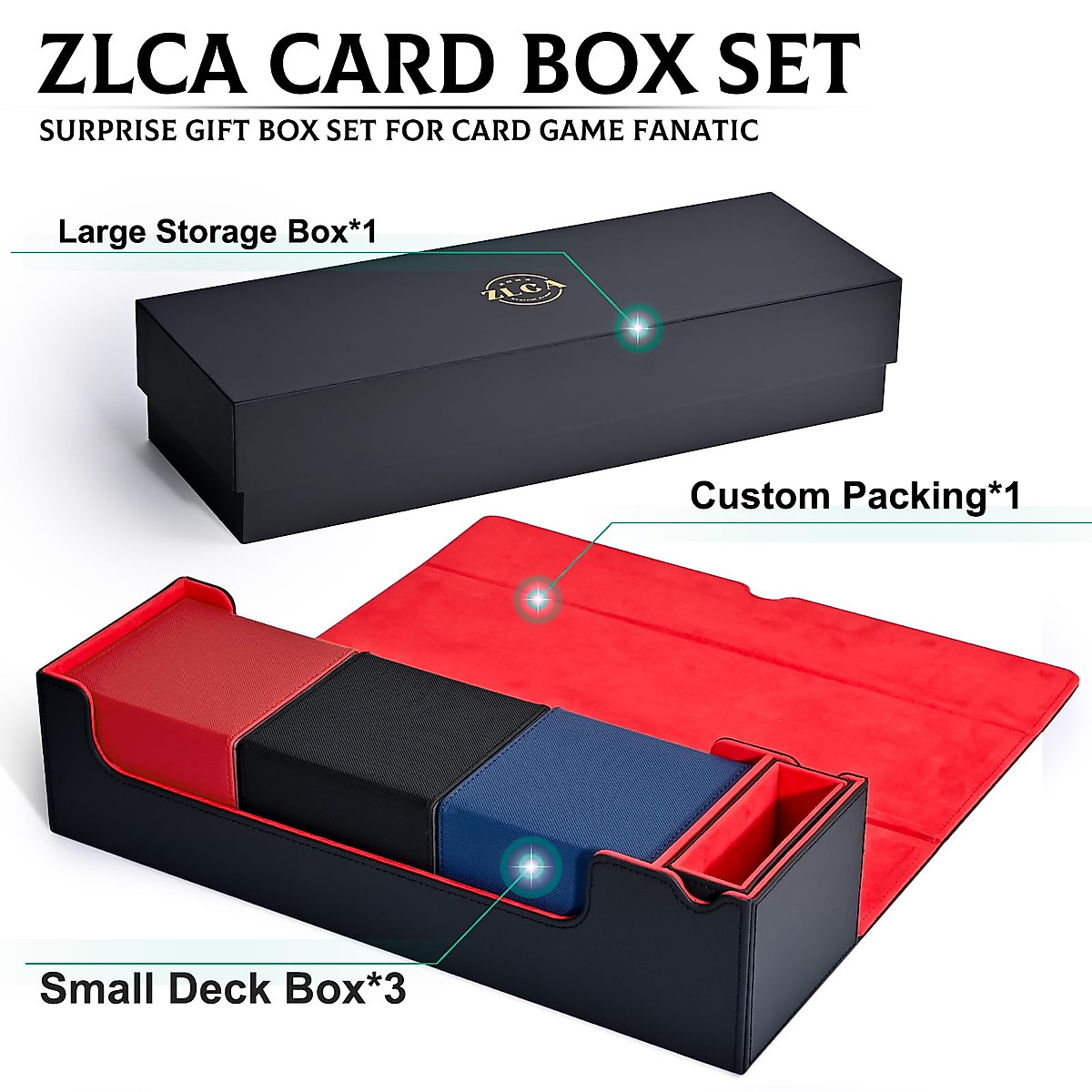 ZLCA Card Deck Box for MTG TCG Cards, 1500+ Premium Trading Card Storage Box with Dice Tray, with 3 PCS Card Deck Cases fit 110+ Double Sleeved Cards, for Sports Card Gift (Black&Red Set)