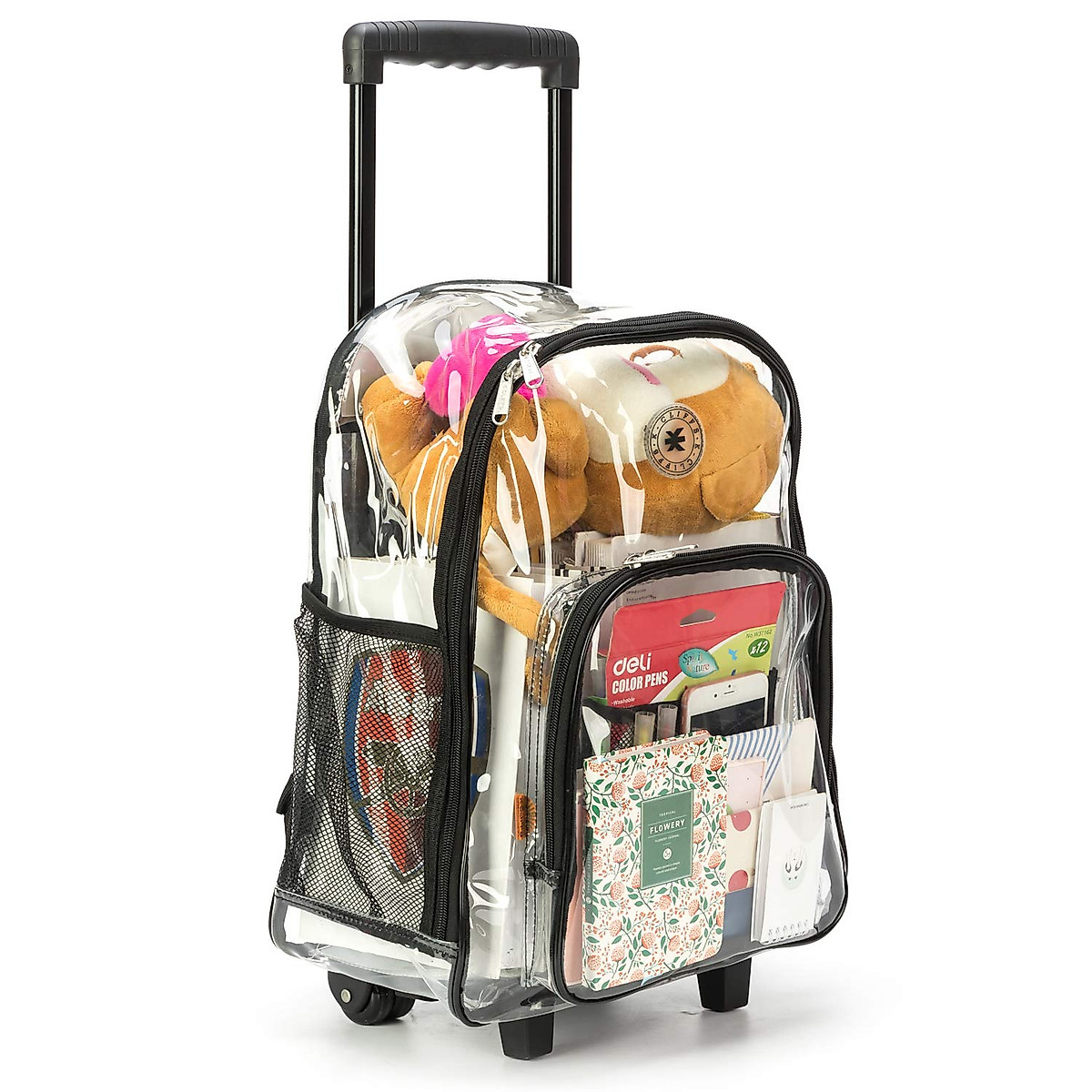 K-Cliffs Rolling Clear Backpack Heavy Duty Bookbag Quality See Through Workbag Travel Daypack Transparent School Book Bags with Wheels Black