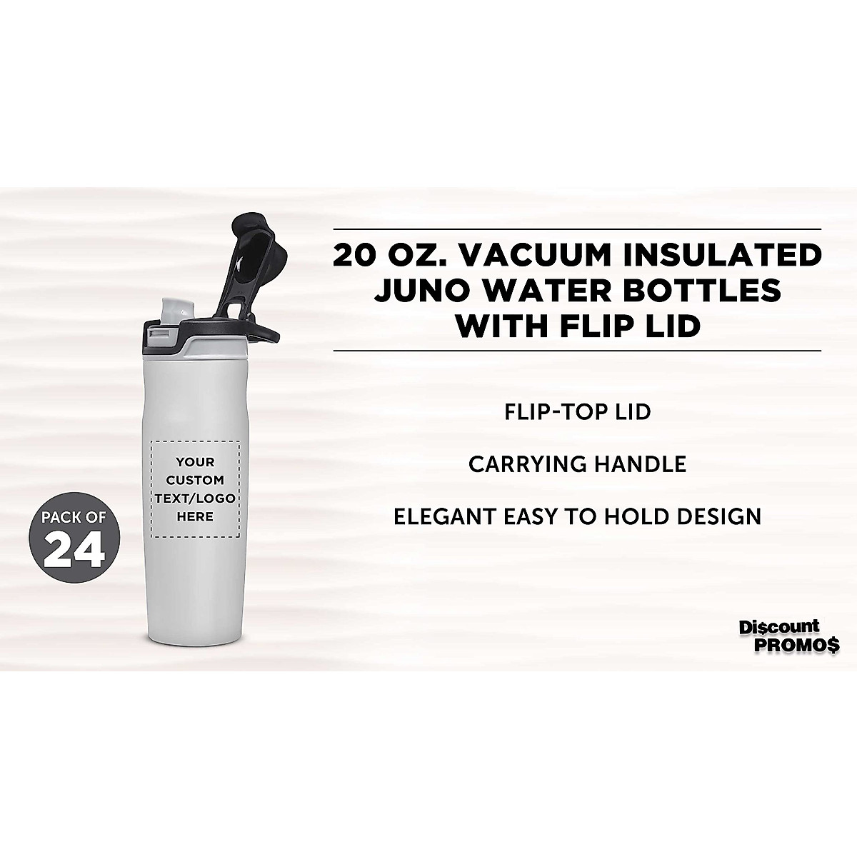 DISCOUNT PROMOS Custom Juno Water Bottles with Flip Lid 20 oz. Set of 24, Personalized Bulk Pack - Reusable, Great for Gym, Hiking, Cycling and for School - White