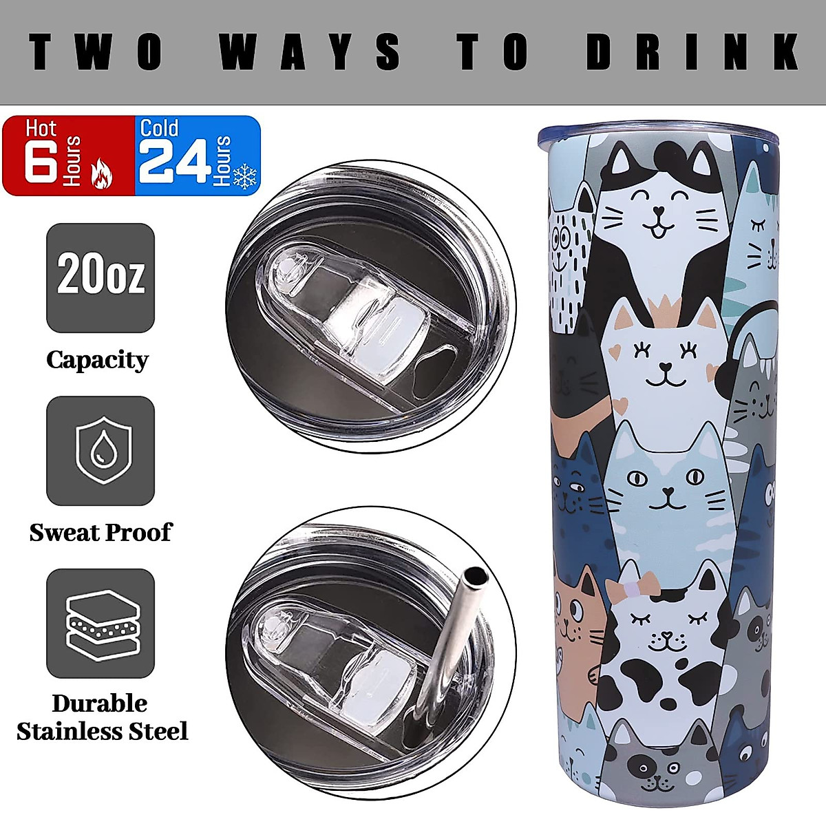 IchDich Cat Tumbler With Lid and Straw - 20 oz Insulated Stainless Steel Tumbler - Travel Mug and Wine Cups for Cat Lovers Gifts