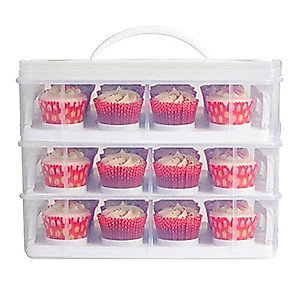 ATRDTO 3-Tiers Stack Carry Storage Box With Handle, Transparent Stackable Storage Bin With Handle Lid Latching Storage Container for Holds 36 Cupcakes or 3 Large Cake (Style A)