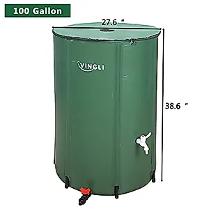 VINGLI 100 Gallon Collapsible Rain Barrel, Portable Water Storage Tank, Rainwater Collection System Downspout, Water Catcher Container with Filter Spigot Overflow Kit