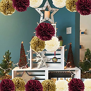 Decorations 2024 Maroon Graduation/Burgundy Gold Cream Birthday Decorations for Women 40th/50th Birthday 12pcs Tissue Paper Pom Poms Maroon Burgundy Gold Wedding/Bridal Shower Retirement Decorations