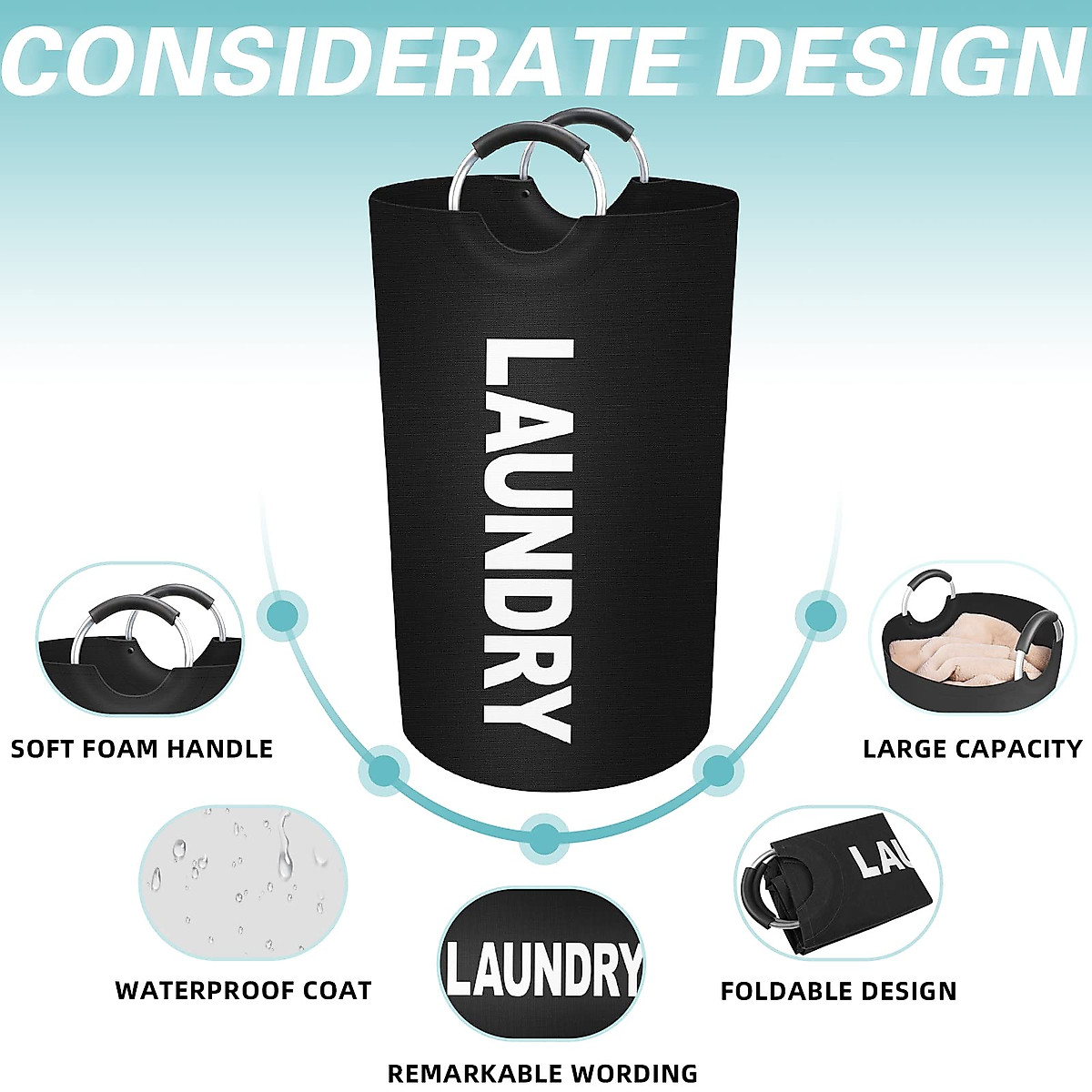 StorageRight 90L Large Laundry Basket, Laundry Hamper, Dirty Clothes Hamper for Laundry, Collapsible, Waterproof Laundry Baskets with Foam Protected Aluminum Handles for Laundry, Dorm, Family (Black)