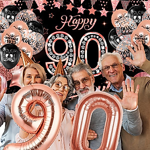 Rose Gold 90th Birthday Decorations for Women Men 150 PCS Black Rose Gold 90th Birthday Party Supplies Includes Rose Gold Happy 90th Birthday Banner Balloons Napkins Cups Tablecloth Plates Foil