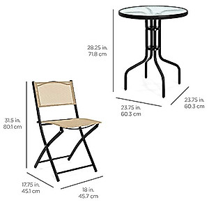Best Choice Products 3-Piece Patio Bistro Dining Furniture Set w/Textured Glass Tabletop, 2 Folding Chairs, Steel Frame, Polyester Fabric - Beige