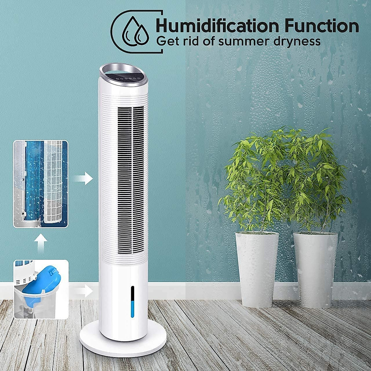 Air Choice Evaporative Cooler, 40" Portable Tower Fan with 70° Oscillating for Big Space, 3 Speeds & Modes, 8H Timer, 2 Ice Packs, Removable Water Tank, Portable Swamp Cooler with LCD Panel & Remote