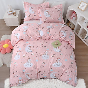 JSD Pink Unicorn Kids Duvet Cover Set Twin Size, 2 Piece Girls Printed Microfiber Bedding Comforter Cover with Pillow Sham Zipper Closure